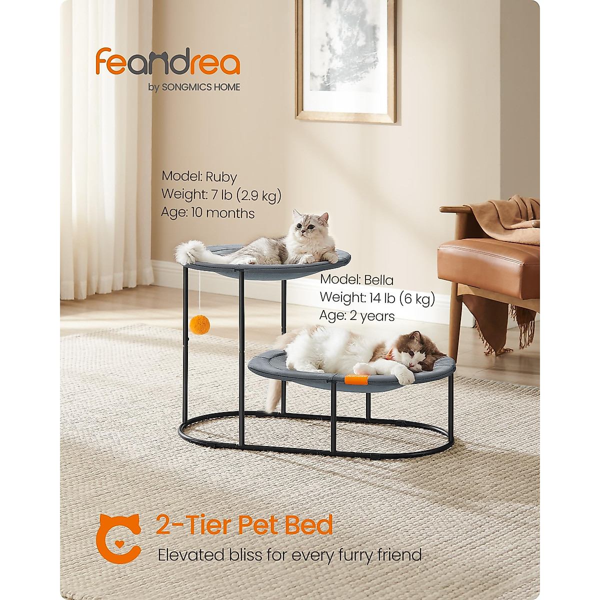 Feandrea Cat Bed, 2-Tier Elevated Cat Bed, Breathable Cat Hammock for Multi-Cat Households, Indoor Cats, with Removable Washable Mesh, Steel Frame, for Summer, Dove Gray UPCB012G01