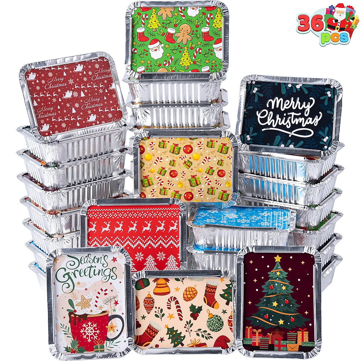 JOYIN 36 Pieces Christmas Foil Containers with Lids, 9 Holiday Designs, 5"x4"x1.5" Rectangular Treat Foil Containers, Disposable Food Storage Pan for Holiday Leftovers Goodie Container