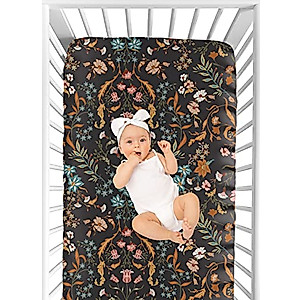 Sweet Jojo Designs Boho Wildflower Vintage Floral Girl Fitted Crib Sheet Baby Toddler Bed Nursery Black Rust Orange Teal Daisy Leaves Botanical Paisley Leaf Flower Bohemian Farmhouse Turquoise Blue