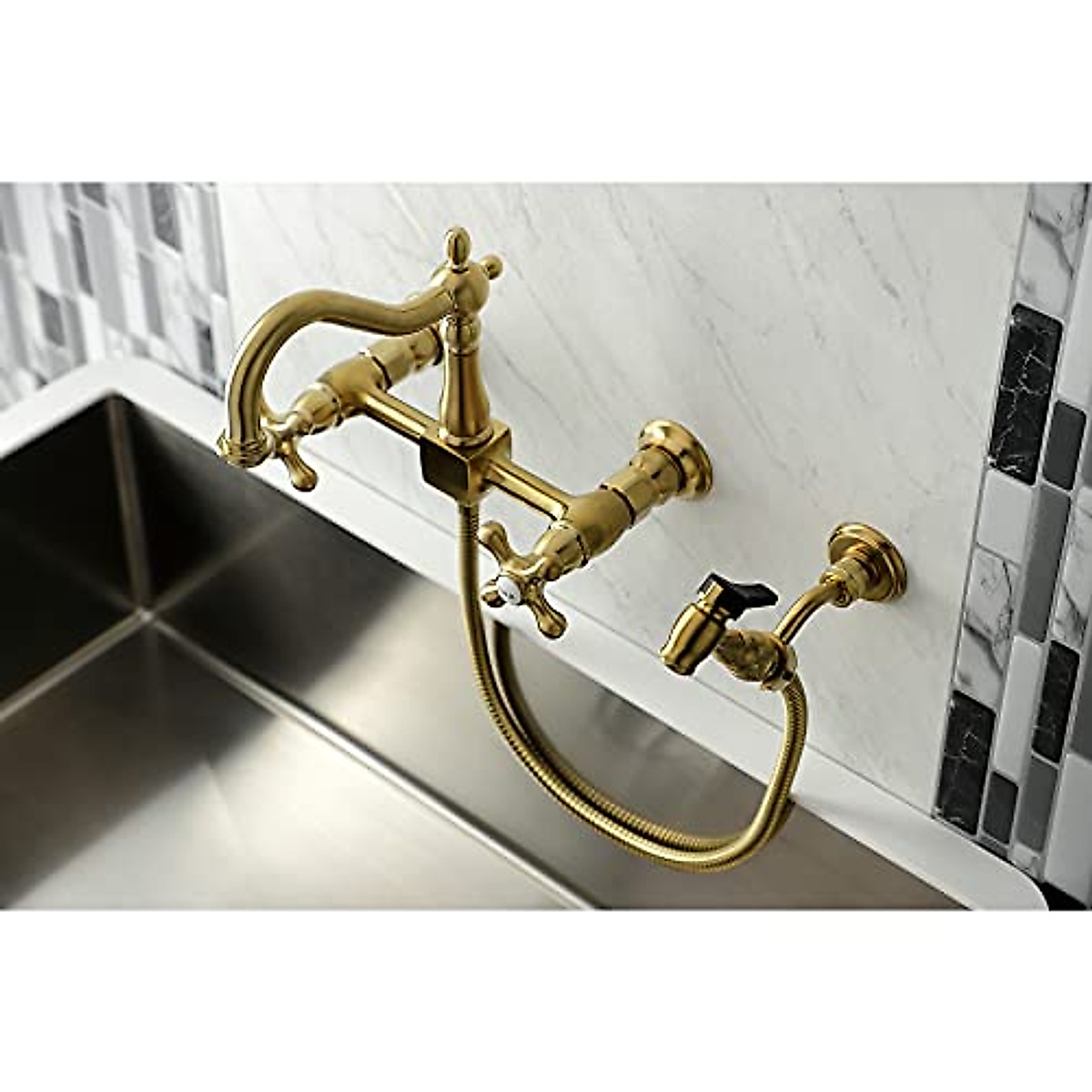 Kingston Brass KS1267AXBS Heritage 8-Inch Centerset Wall Mount Kitchen Faucet with Brass Sprayer, Brushed Brass
