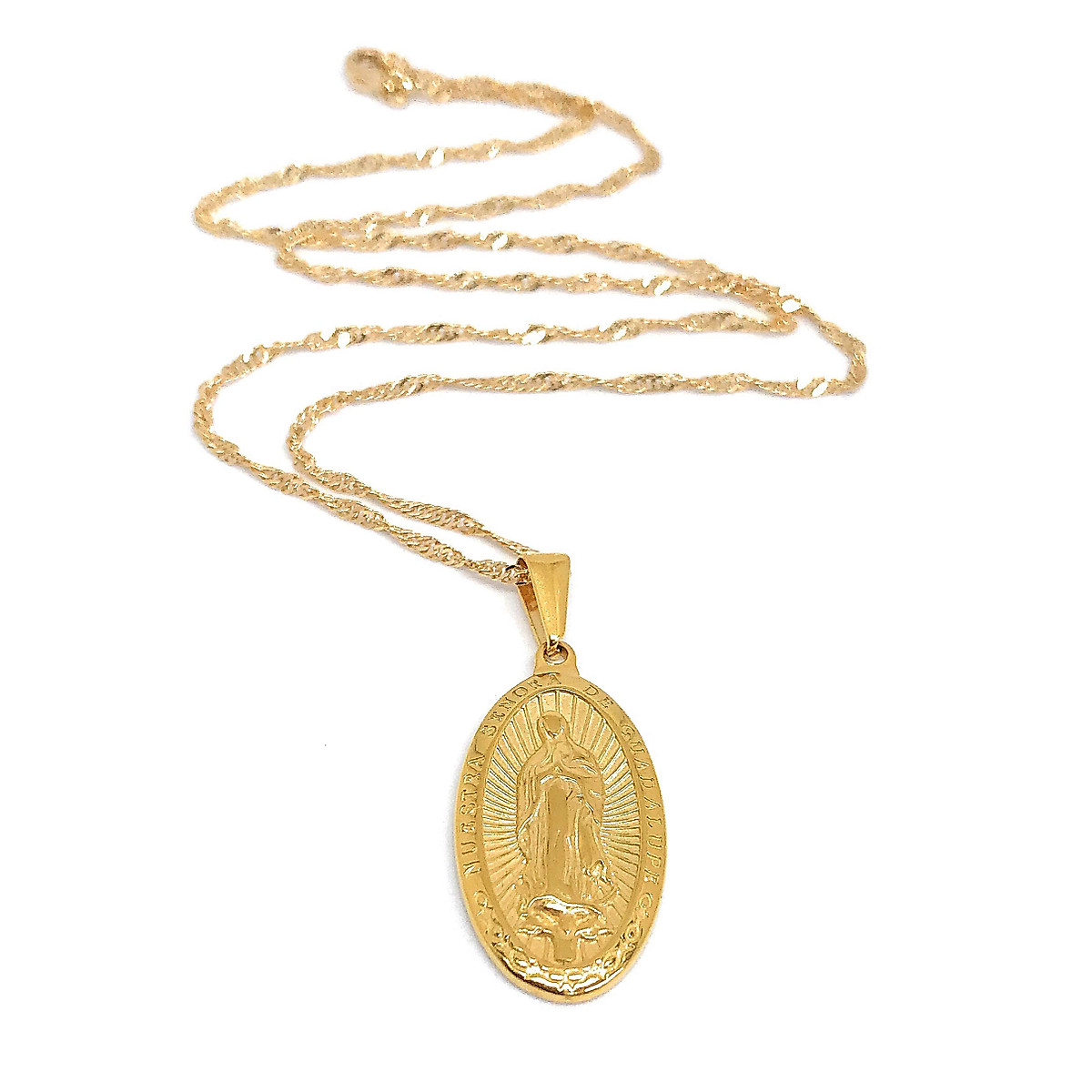 LESLIE BOULES 18K Gold Plated Guadalupe Medal Necklace 18 Inches Length Virgin Mary Jewelry