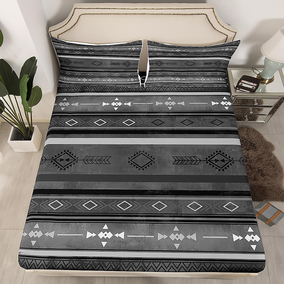 jejeloiu Southwestern Bed Sheet Set Twin Size Tribal Fitted Sheet for Kids Boys Geometric Bedding Set Native American Design Grey Bed Cover Deep Pocket Bedroom