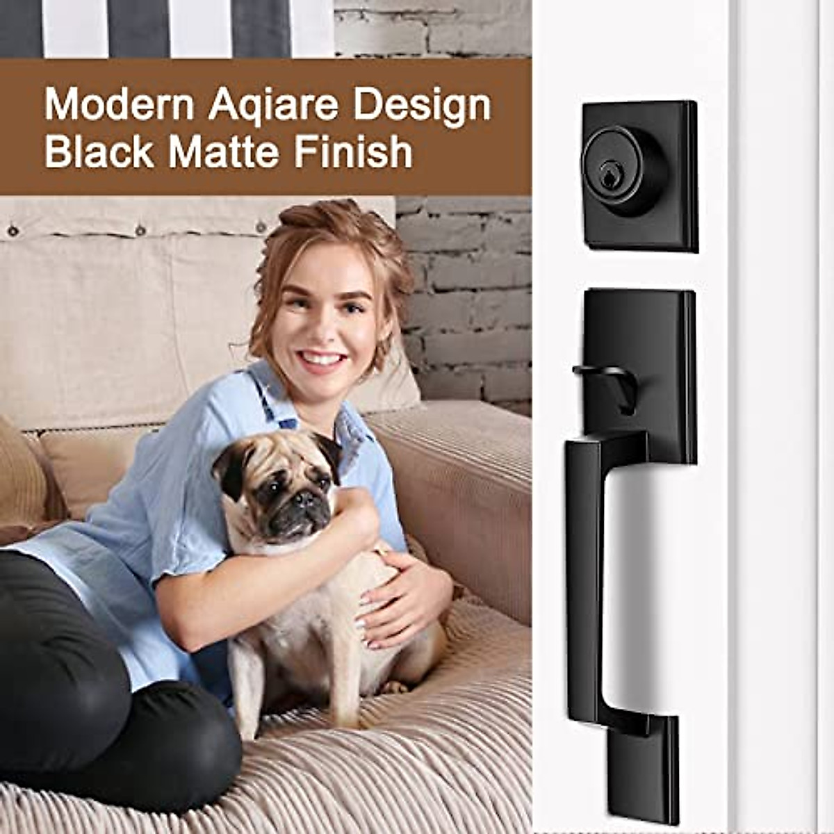 Tionzion Front Door Handle, Single Cylinder Handleset with Deadbolt and Lever Door Handles for Exterior Door, Reversible for Right and Left-Handed, Entry Door Lock Set Matte Black Finish