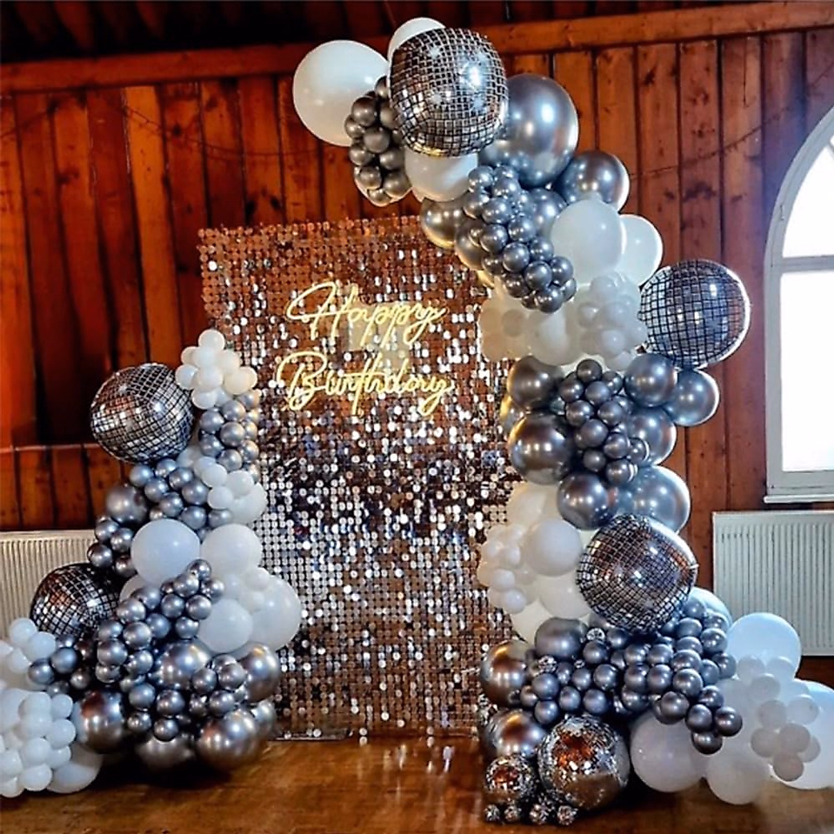 White and Silver Disco Ball Balloon Garland Arch Kit 135pcs Metallic Silver Matte White Balloon with 4D Disco Ball and Starburst Foil Balloon for Anniersary Disco Birthday Party Decoration