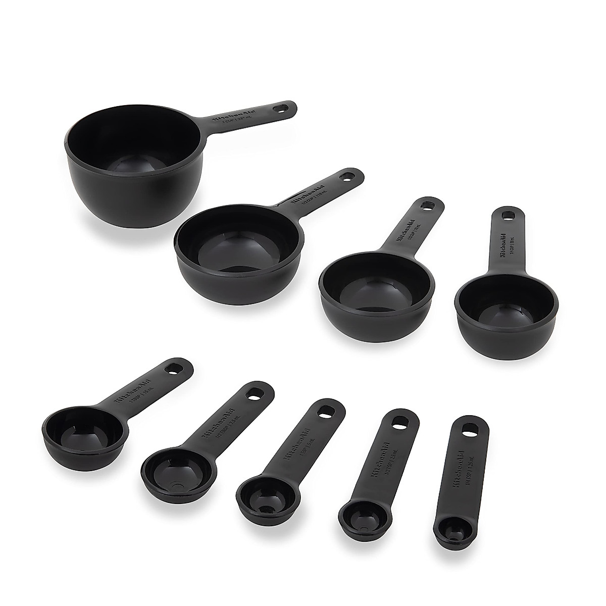 KitchenAid Universal Easy To Read Measuring Cup and Spoon Set with Soft Grip Handle for Maximum Control, Hang Hole and Nesting For Easy Storage, Dishwasher Safe, 9 Piece, Black