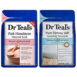 Dr. Teal's Pure Epsom Salt Bath Variety Gift Set (2 Pack, 3lbs Ea.) - Restore & Replenish Pink Himalayan, Detoxify & Energize Ginger & Clay - Essential Oils Remove Toxins 7 Help Alleviate Daily Stress