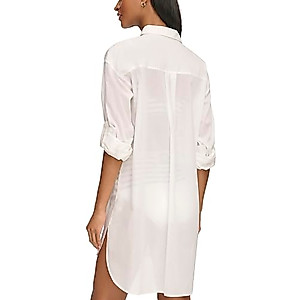 Karl Lagerfeld Paris Women's Standard Paris Logo Collared Swim Coverup, Soft White, Small