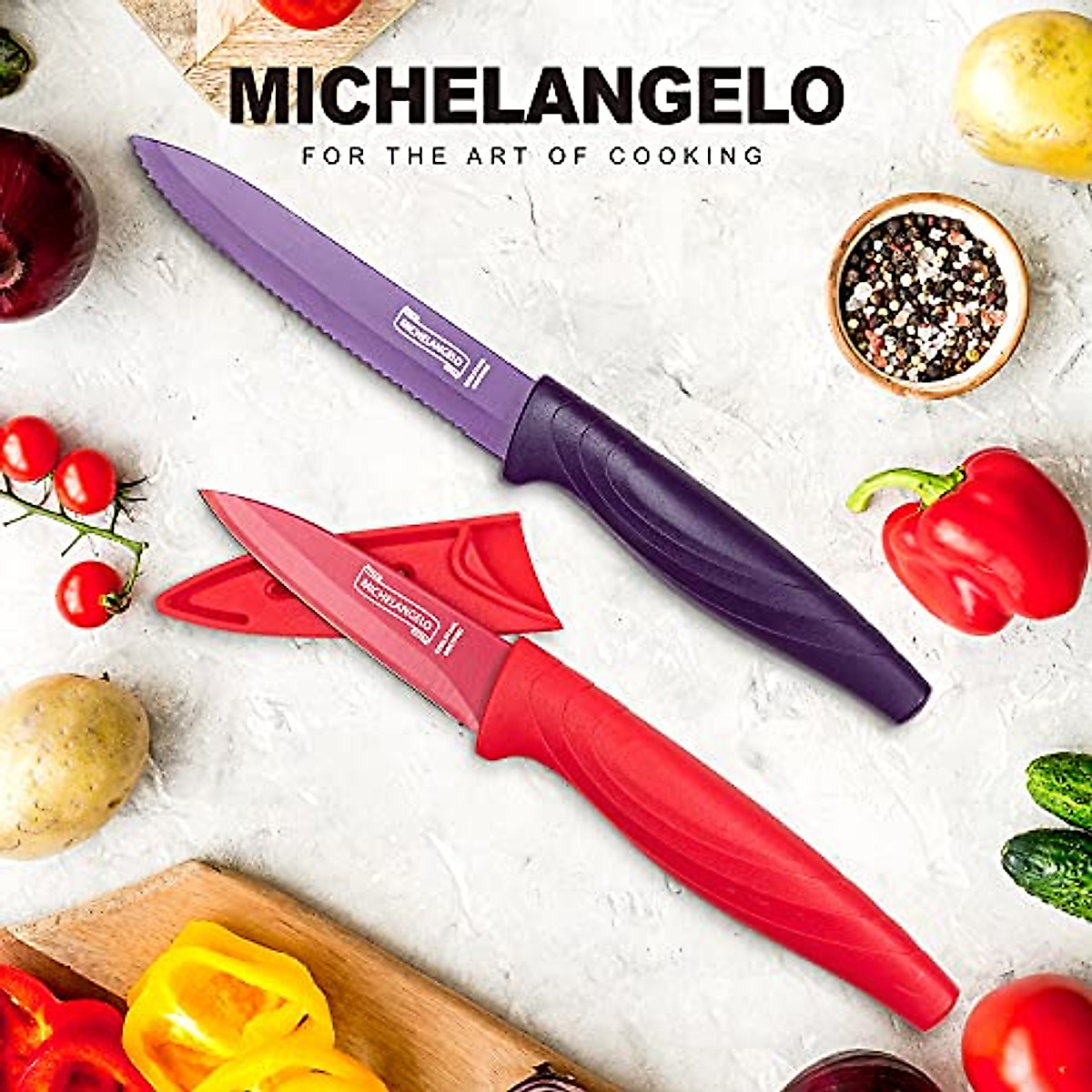 MICHELANGELO Kitchen Knife Set 10 Piece, Rainbow Knife Set for Kitchen, High Carbon Stainless Steel Kitchen Knives Set, Dishwasher Safe, Colorful Knife Set- 5 Knives and 5 Knife Covers