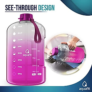 AQUAFIT Half Gallon Water Bottle With Time Marker - 64 oz Water Bottle With Straw - Gym Water Bottle With Strap - Big Water Bottle - Reusable Water Bottles With Straw - Large Water Bottle With Handle