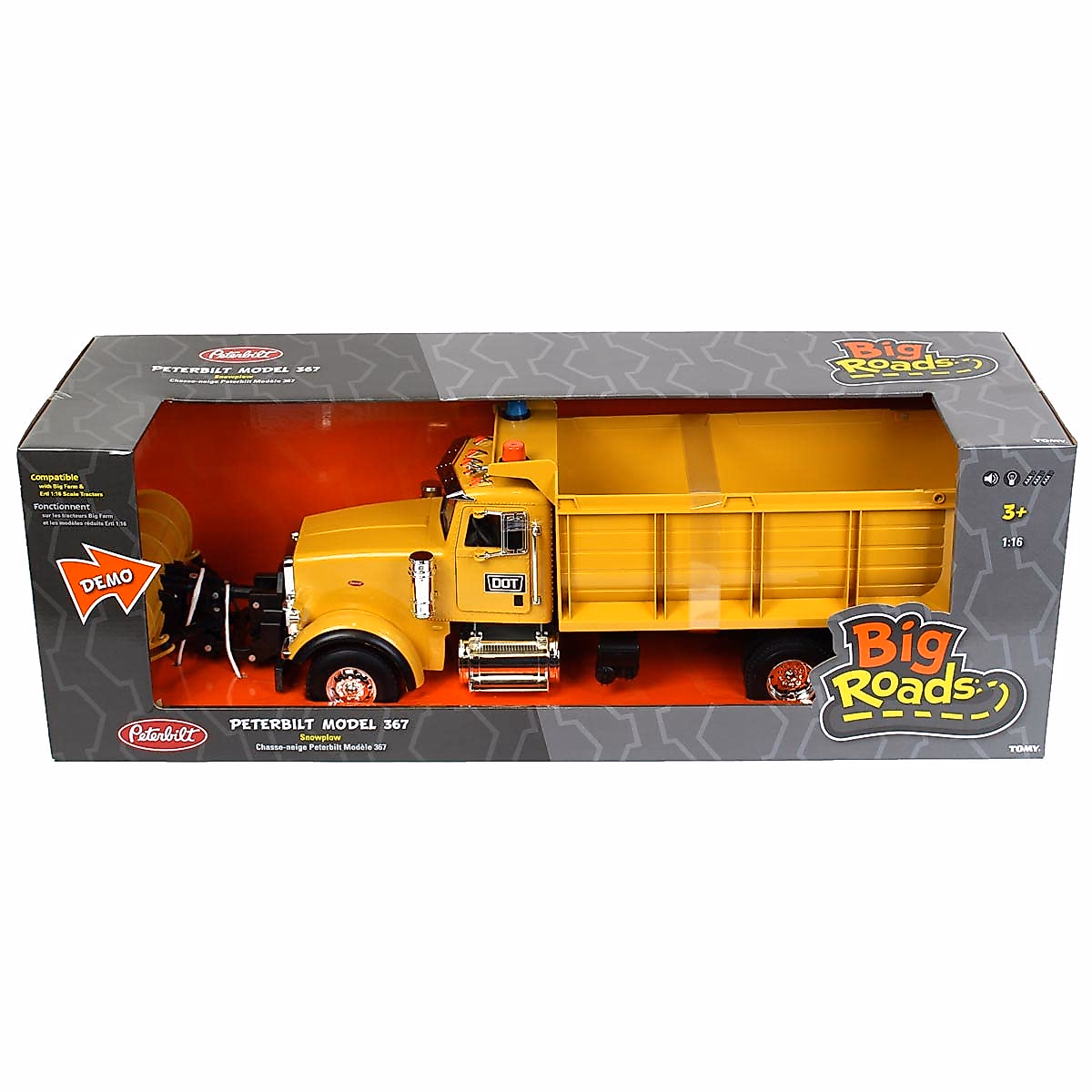 TOMY ERTL Big Farm 1:16 Scale Peterbilt Snow Plow Truck with Dump Box Toy for Kids, Yellow, 3 Years and Up