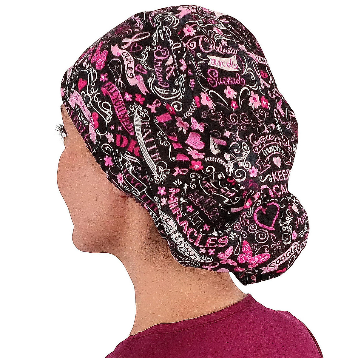 Sparkling EARTH Pink Ribbon Collage (Breast Cancer Ribbons) - Riley Medical Scrub Caps - Adjustable Cord Lock Closure - Made in USA!