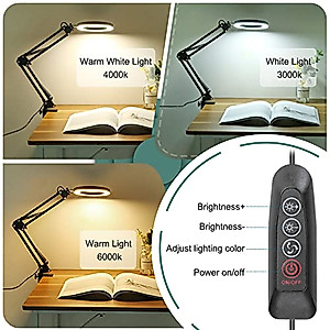 Krstlv 8X Magnifying Glass with Light, Real Glass Lens Desk Lamp & Clamp, 3 Color Modes Stepless Dimmable, Hands Free LED Lighted Magnifier with Light and Stand for Reading Crafts Repair Close Works
