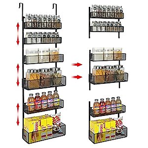 Over The Door Pantry Organizer 6-Tier Adjustable Tiers Hanging & Wall Mount Spice Rack,Metal Tube Behind The Door Storage Shelf,6 Adjustable Baskets with 4 Sizes & Small Mesh for Kitchen,Bathroom