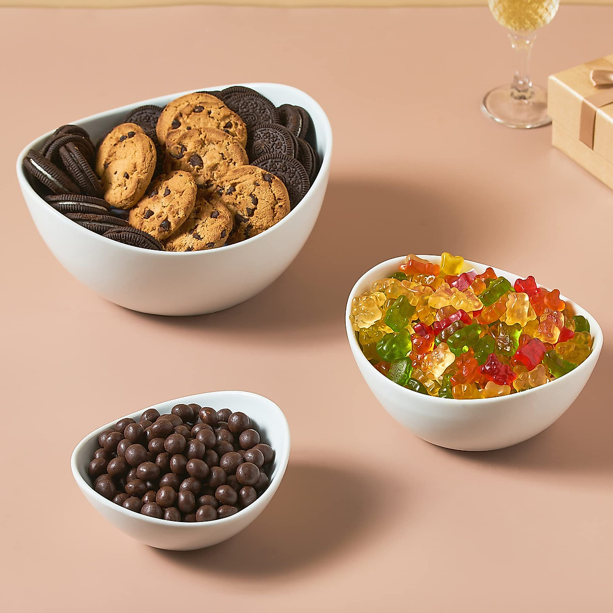 LYEOBOH 3 Tier Serving Bowls Set Tiered Serving Stand, Porcelain Oval Bowls with Collapsible Metal Stand for Entertaining, Party, Dessert Display, Candy, Chip and Dip (Gold)