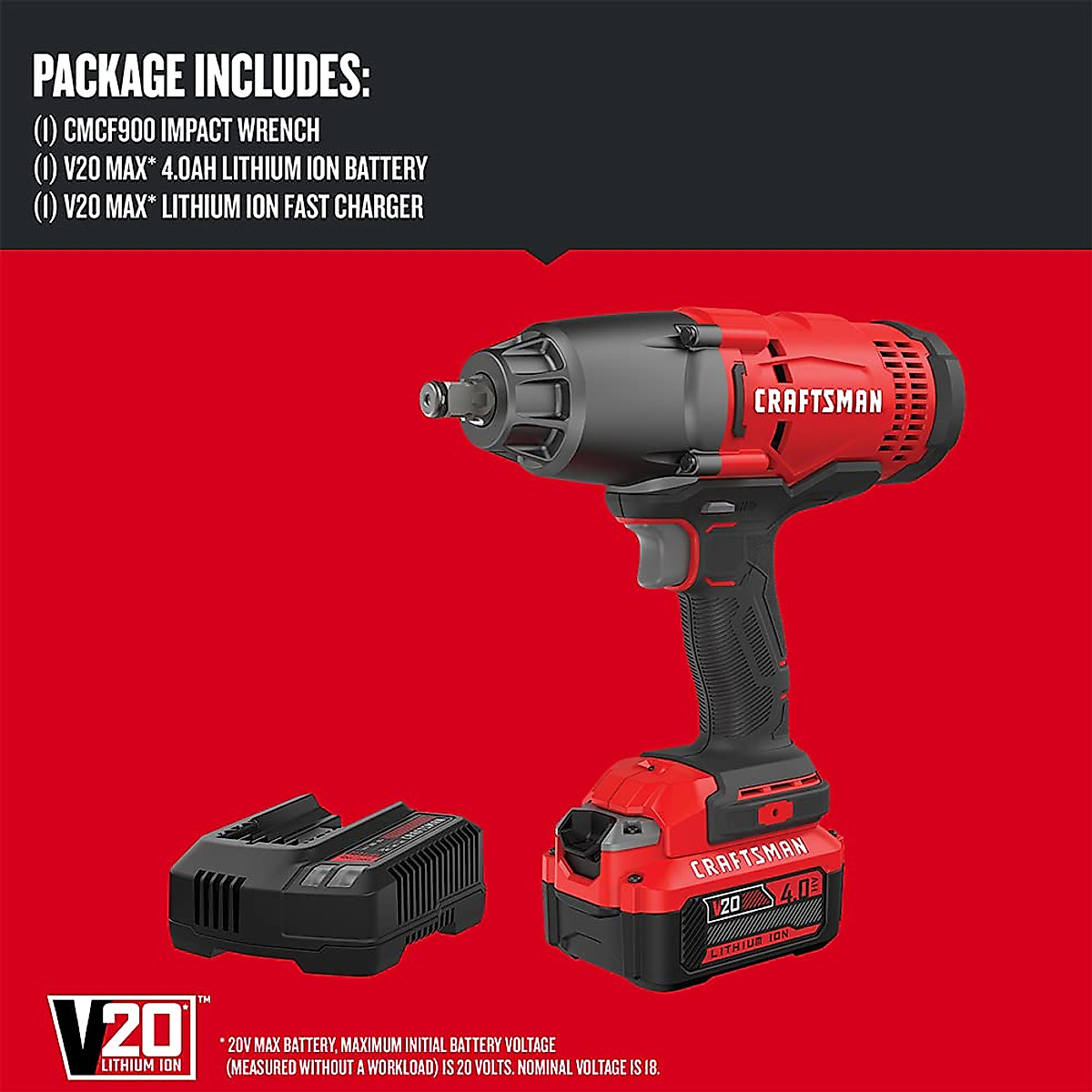 CRAFTSMAN V20 RP Cordless Impact Wrench Kit, 1/2 inch, Battery and Charger Included (CMCF900M1)