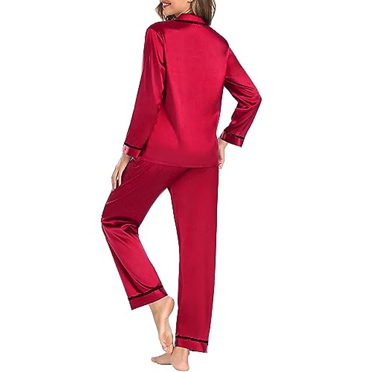 SWOMOG Womens Silk Satin Pajamas Silk Lounge Sets Two Piece Long Sleeve Button Up Shirts and Lounge Pants Set Comfy Soft Red