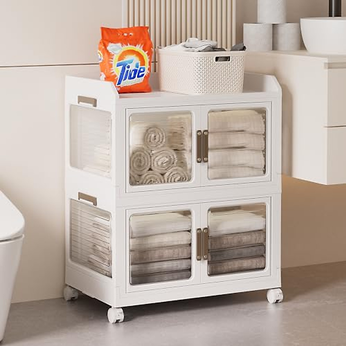 ECOWEEPUT Storage Bins with Lids-54 Gal Stackable Storage Containers, Foldable Storage Cabinet, Collapsible Storage Box with Wheels, Plastic Closet Organizers for Home Storage (2 Pack)