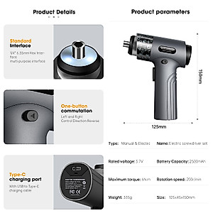 RARTOP Electric Screwdriver, Screwdriver Set with LED Light, 3.7V Cordless Screwdriver, 1/4'' Torque Screwdriver Bits S2 Steel, Max 5N.m, 30PCS Screwdriver Bit Set for Home DIY