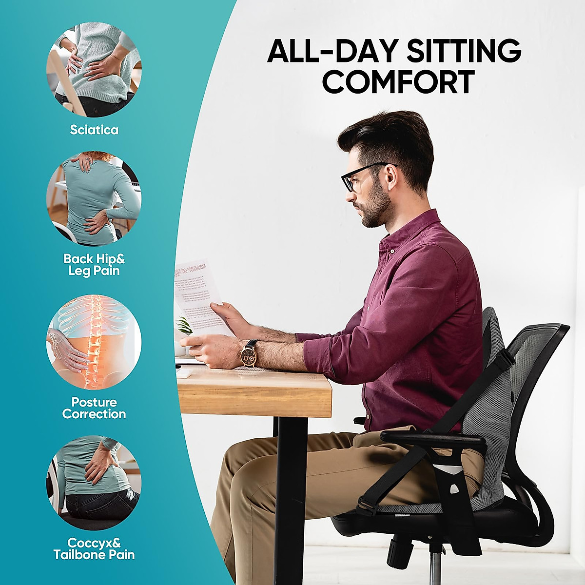 Memory Foam Seat Cushion & Lumbar Support Pillow,Ergonomic One Piece Cushion for Good Posture Correction and Tailbone, Lower Back Pain, Sciatica Relief for Office Chair Car Seat Wheelchair Travel