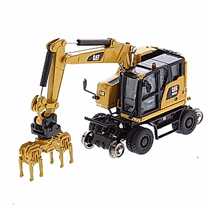 1:87 Caterpillar M323F Railroad Wheeled Excavator - Cat Yellow Version - (HO) High Line Series Model by Diecast Masters - 85656 - with Bucket, Ballast Tamper, and Rail Clamshell Bucket Attachments