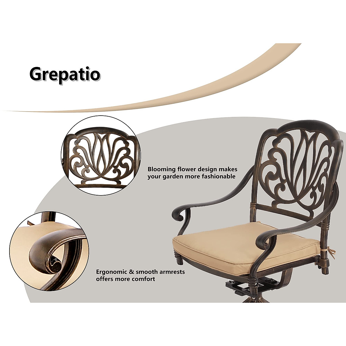 Grepatio 5 Piece Cast Aluminum Patio Dining Set Outdoor Furniture Set Patio Garden Set with 4 Swivel Rocker Ding Chairs, 4 Cushions and 35.4" Square Patio Table 2.4" Umbrella Hole (Khaki)