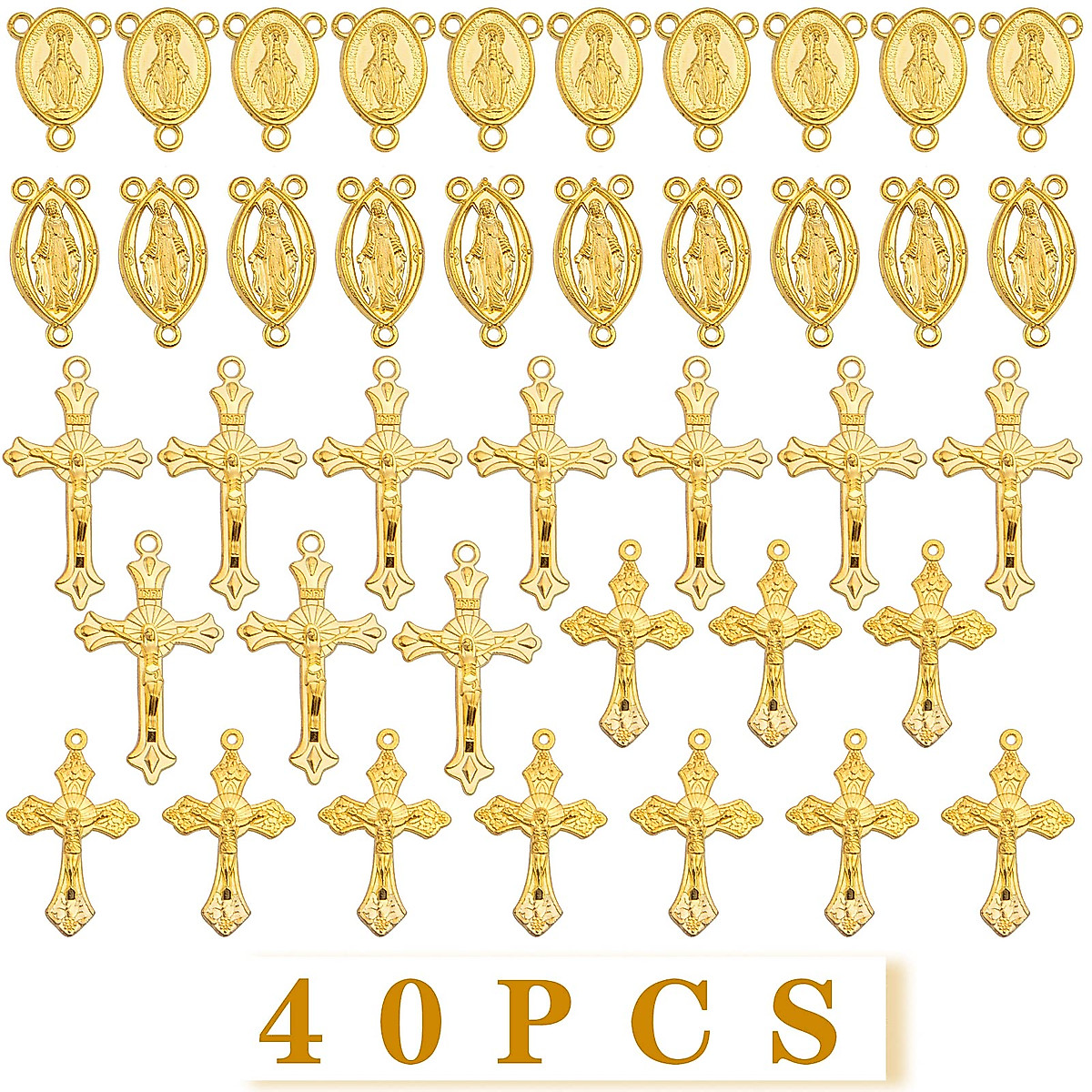 Aylifu 40pcs Golden Rosary Cross Charms and Center Miraculous Medal with Maria Crucifix Cross Pendants and Oval Chandelier Links for Easter Holidays Rosary Jewelry Making, 4 Styles