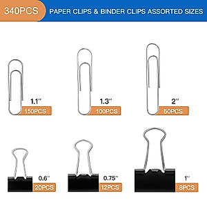 FUDAO FAMILY Paper Clips Binder Clips,340 PCS Paper Clips Assorted Sizes,Binder Clips Assorted Sizes,Silver Paper Clip,Black Binder Clip,FFHY100102