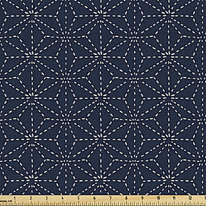 Lunarable Japanese Fabric by The Yard, Oriental Motifs with Dotted Lines Geometric Shapes on Blue Shade Backdrop, Decorative Fabric for Upholstery and Home Accents, Indigo and White