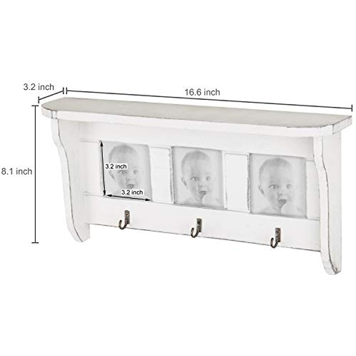 MyGift 16-Inch Wall-Mounted Vintage White Wood Entryway Display Shelf with 3 x 3 Picture Frames & Key Hooks