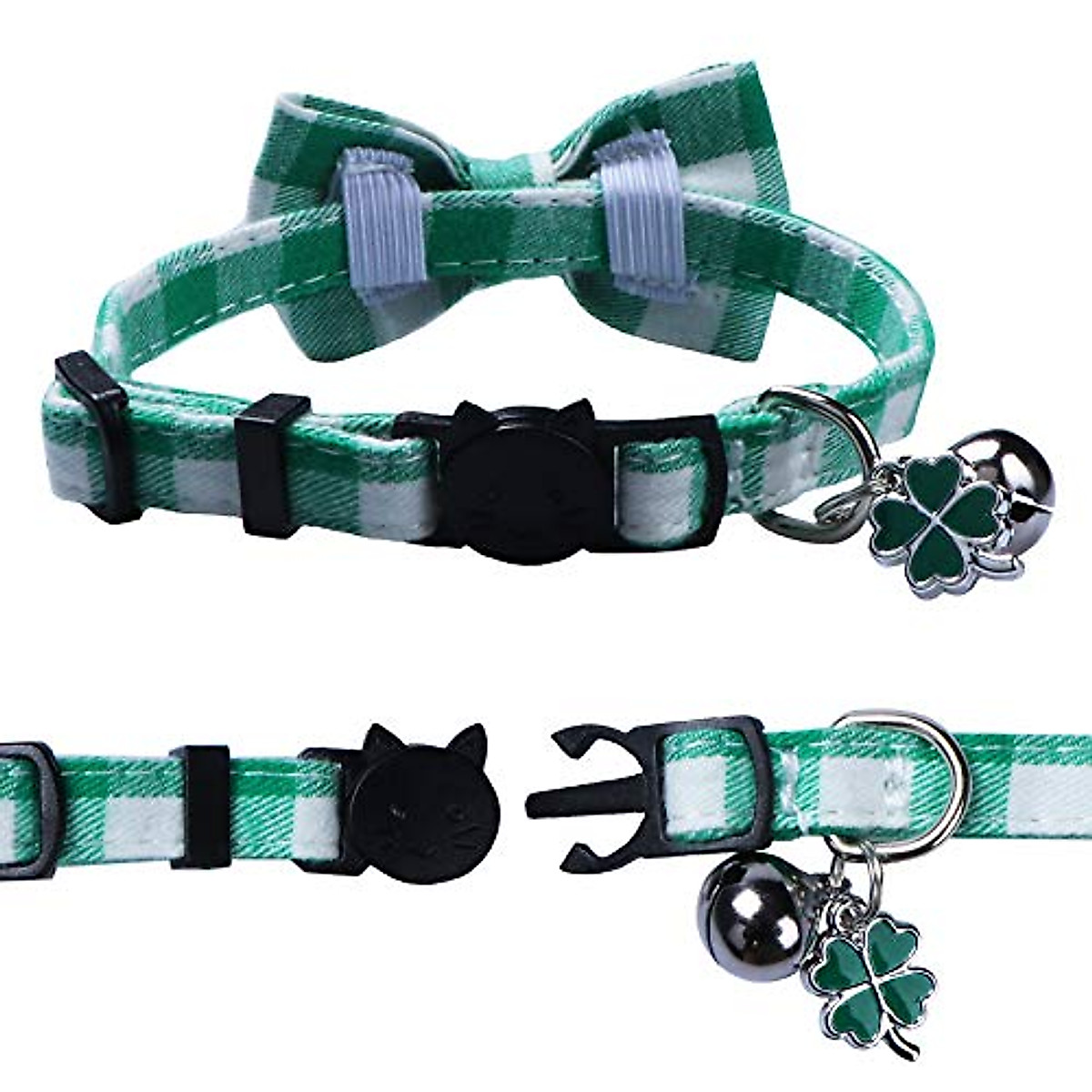 STMK 2 Pack St. Patrick's Day Plaid Cat Collars with Bow Tie Bell Shamrock, Breakaway Adjustable Plaid Cat Collars with Bowtie Bell Shamrock for Cats Kittens