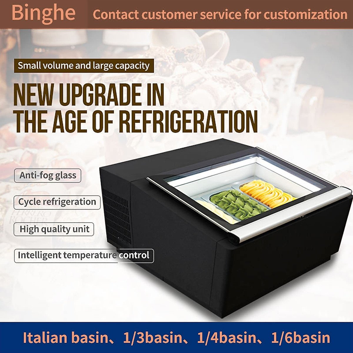 Mvckyi Commercial Display Refrigerator, Countertop 3 1/3GN PAN Hard Ice Cream Dipping Cabinet Chest Refrigerated, White Gelato Ice Cream Freezer Display Refrigerators with LED Lighting