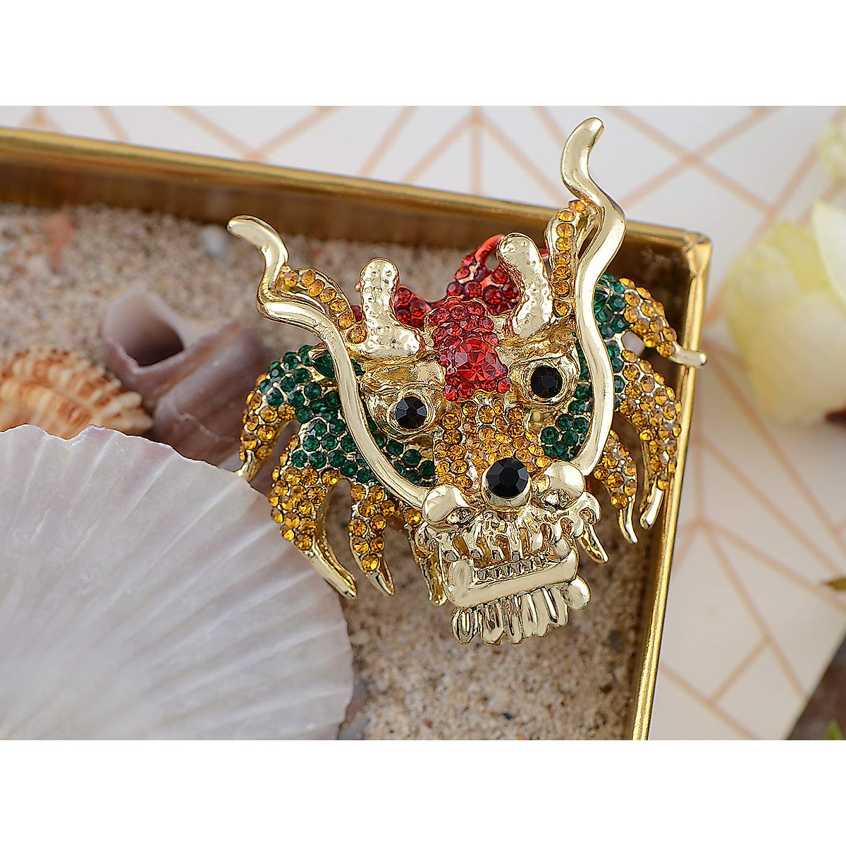 Alilang Multicolor Rhinestone Crystal Lunar New Year Chinese Zodiac Eastern Dragon Lion Head Ring