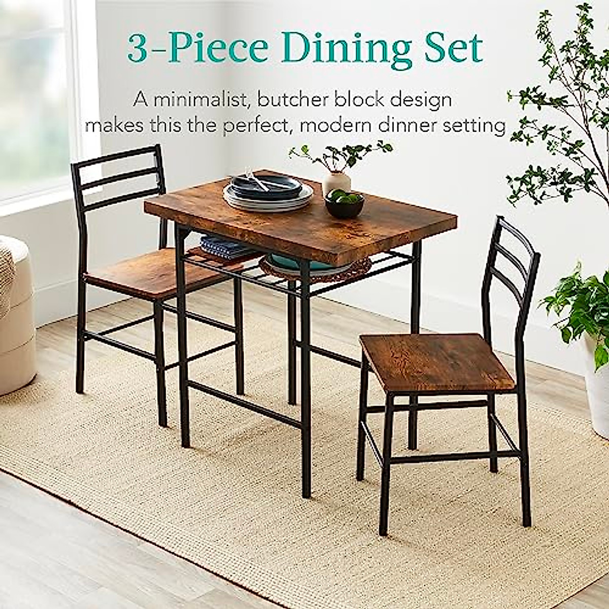 Best Choice Products 3-Piece Modern Dining Set, Space Saving Dinette for Kitchen, Dining Room, Small Space w/Steel Frame, Built-in Storage Rack - Brown