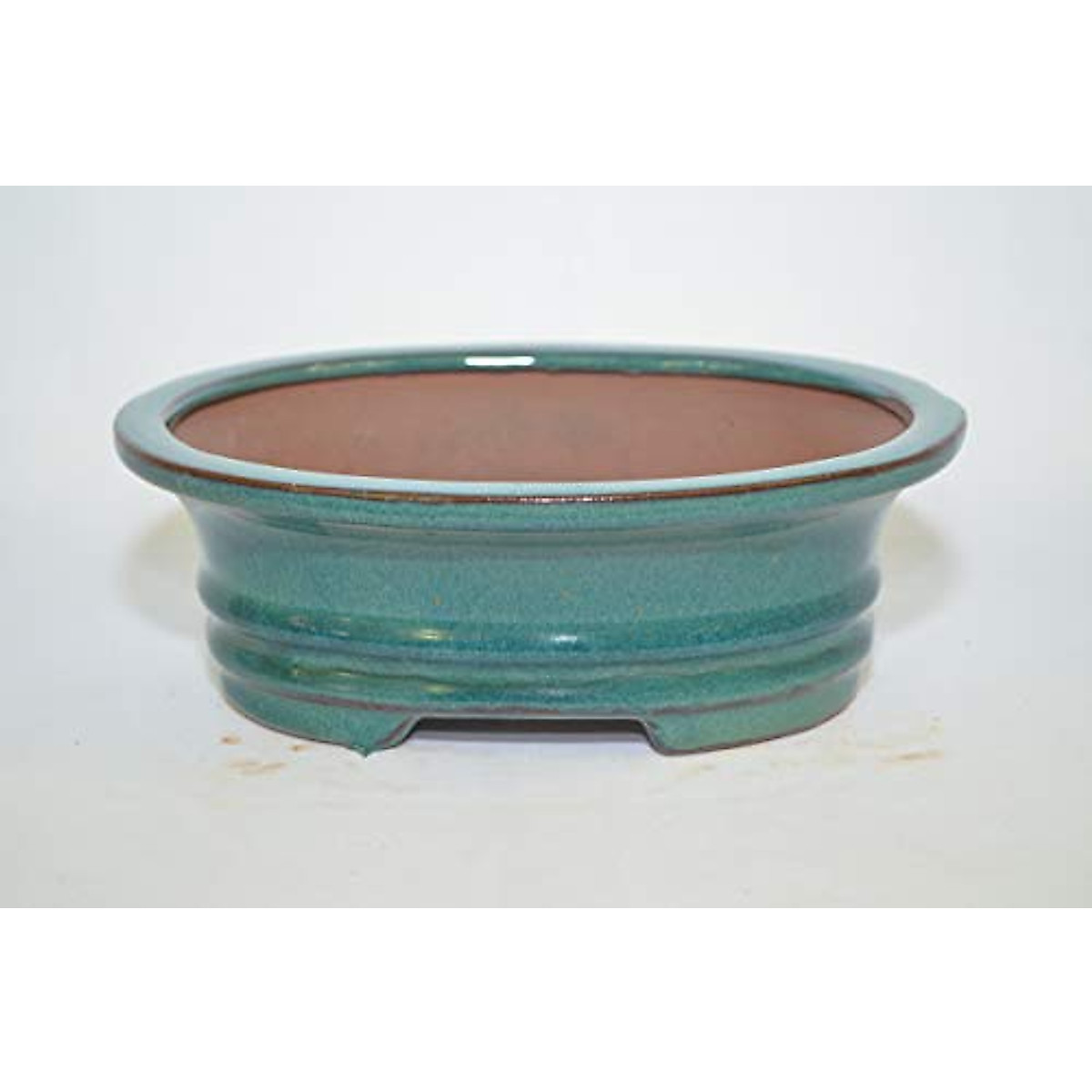 Bonsai Ceramic Pot 8" Teal Color, Oval Shape, Glazed with draining Holes.