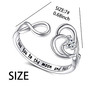 925 Sterling Silver Jewelry Engraved I Love You To The Moon and Back Love Heart Open Ring Size 7