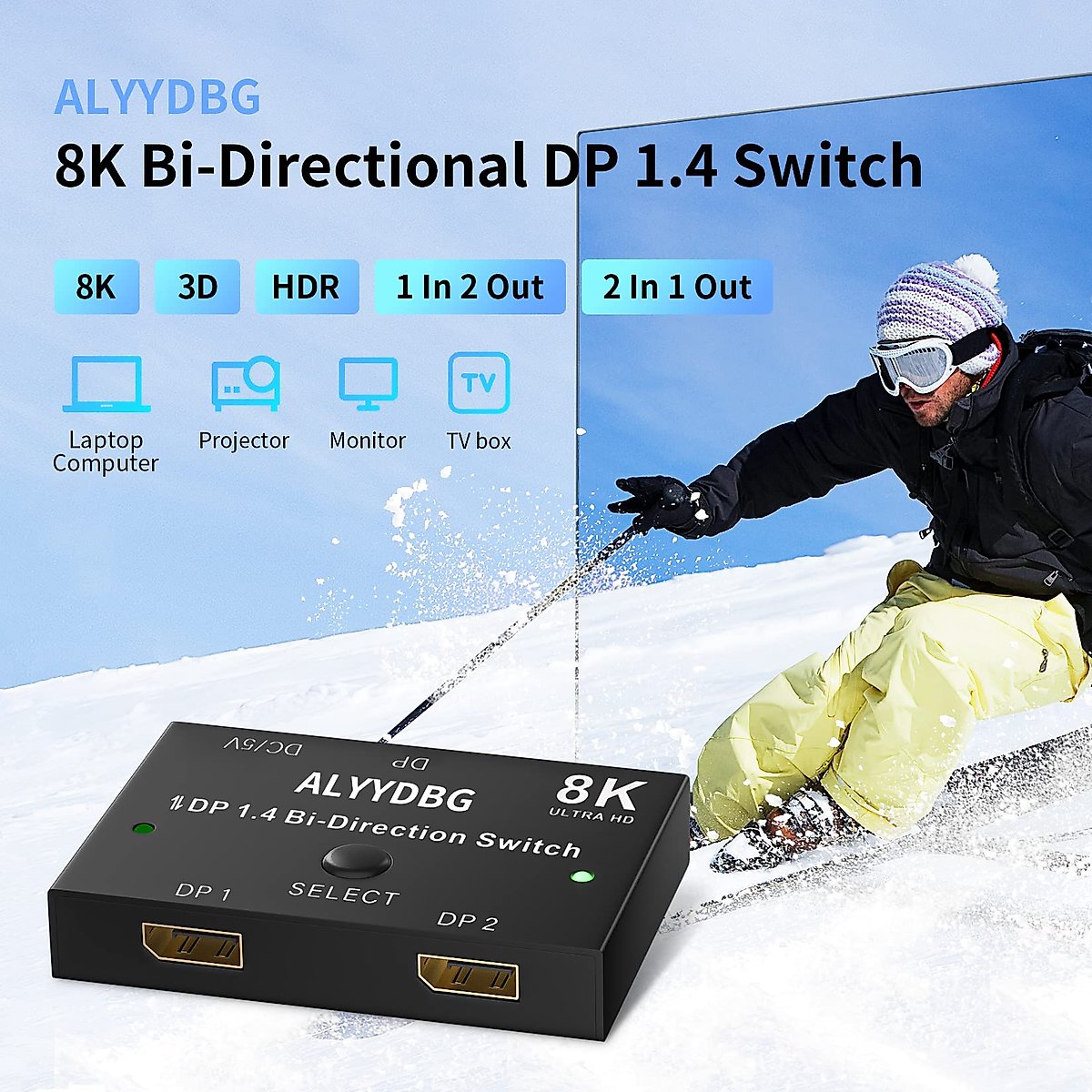 ALYYDBG 8K Display Port Switch, Bidirectional DP 1.4 Switcher Box with One-Click Switching, Supports 2 in 1 Out / 1 in 2 Out; 8K@60Hz, 4K@120Hz, 1080P@240Hz for PC Monitor Laptop