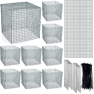 10 Pack Small Wire Plant Protectors 12x12 in Square Plant Protectors from Animals Mesh Plant Cage Chicken Wire Cloche for Plants Shrubs with Ground Stakes and Nylon Ties (Dark Green,Thickness 1mm)