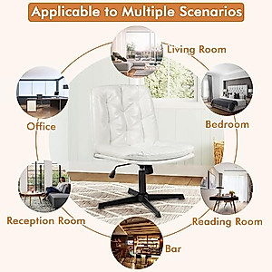 Waleaf Leather Armless Desk Chair No Wheels Swivel Chair Padded Modern Cute Office Chair Height Adjustable Wide Seat Cross Legged Chair for Home Office Desk Chair Vanity Chair Mid Back (White)