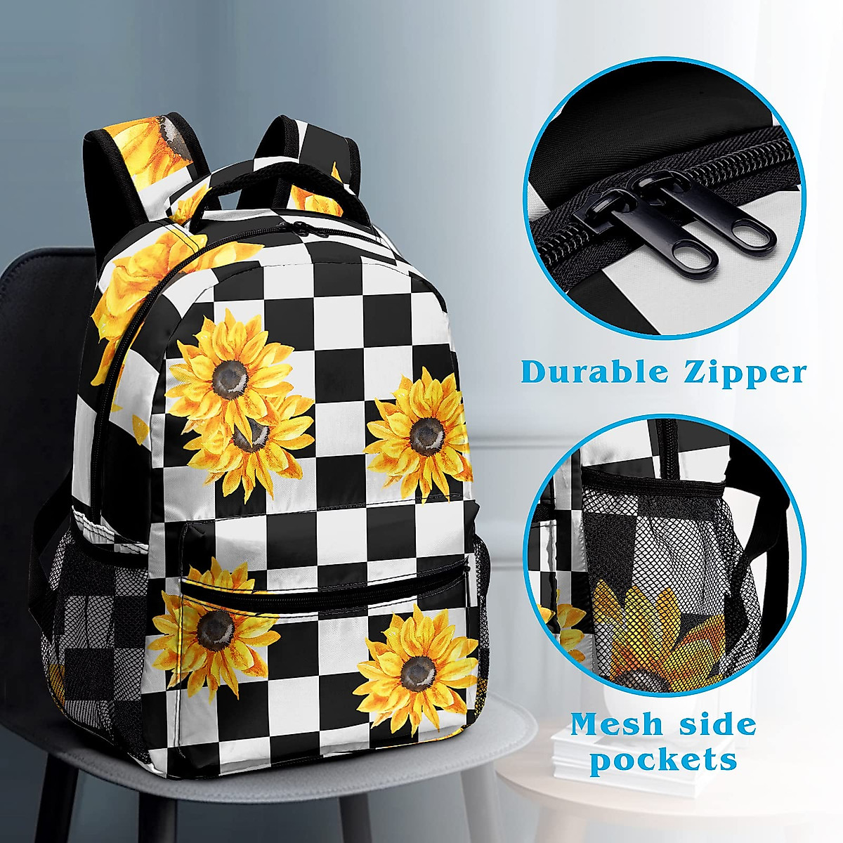 Dacawin Sunflower Floral Backpack Flower School Backpacks Durable Casual Black And White Check Plaid School Bookbag Daypack for Women Girls Kids