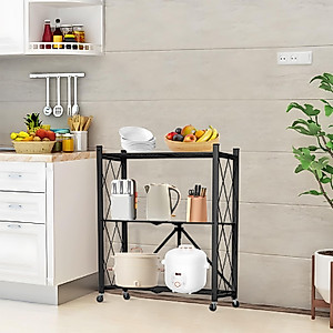 Yuanjimi 3 Tier Foldable Storage Shelf with Wheels, Heavy Duty Garage Shelving Unit Loads 550 LBS, Metal Steel Collapsible Shelves, Rolling Standing Utility Rack for Kitchen, Pantry, Office, Black