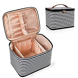 OCHEAL Makeup Bag,Large Travel Makeup Bag Organizer Cosmetic Bags for Women Washable Make Up Bag Makeup Organizer Case with Dividers - Black/White Stripes