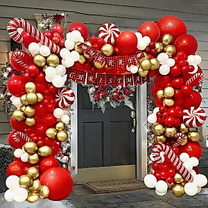 Merry Christmas Balloon Arch Garland Kit Red White Gold Balloons with Candy Cane Foil Balloons for Holiday Christmas Candy Themed Party Decorations