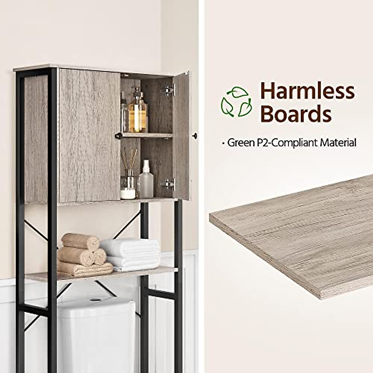 Yaheetech Over The Toilet Storage Cabinet with Door & Adjustable Shelf, Bathroom Storage Cabinet Freestanding Bathroom Organizer Toilet Rack, Metal Frame, Stable, Gray