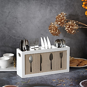 Wooden Kitchen Utensil Holder for Countertop, Rustic Utensil Organizer Cutlery Holder Flatware Silverware Organizer, Cooking Utensil Caddy Organizer with 4 Compartments for Spoons, Forks, Knives