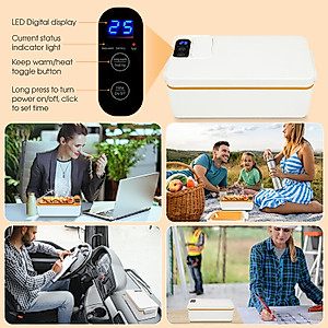 Cordless Electric Lunch Box, No Water Required Heated Lunch Box for Car/Truck/Home, USB Electric Lunch Box for Adults 1L 304 Stainless Steel Container, Warming Time Selectable with HD Digital Display