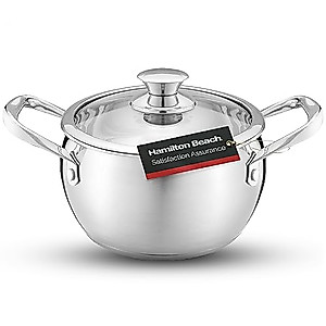 Hamilton Beach 4QT Stainless Steel Belly Design Dutch Oven Pot with Glass Lid and Stay-Cool Riveted Handles, Multipurpose Stewpot Skillet, Compatible with All Stove Tops, Oven & Dishwasher Safe