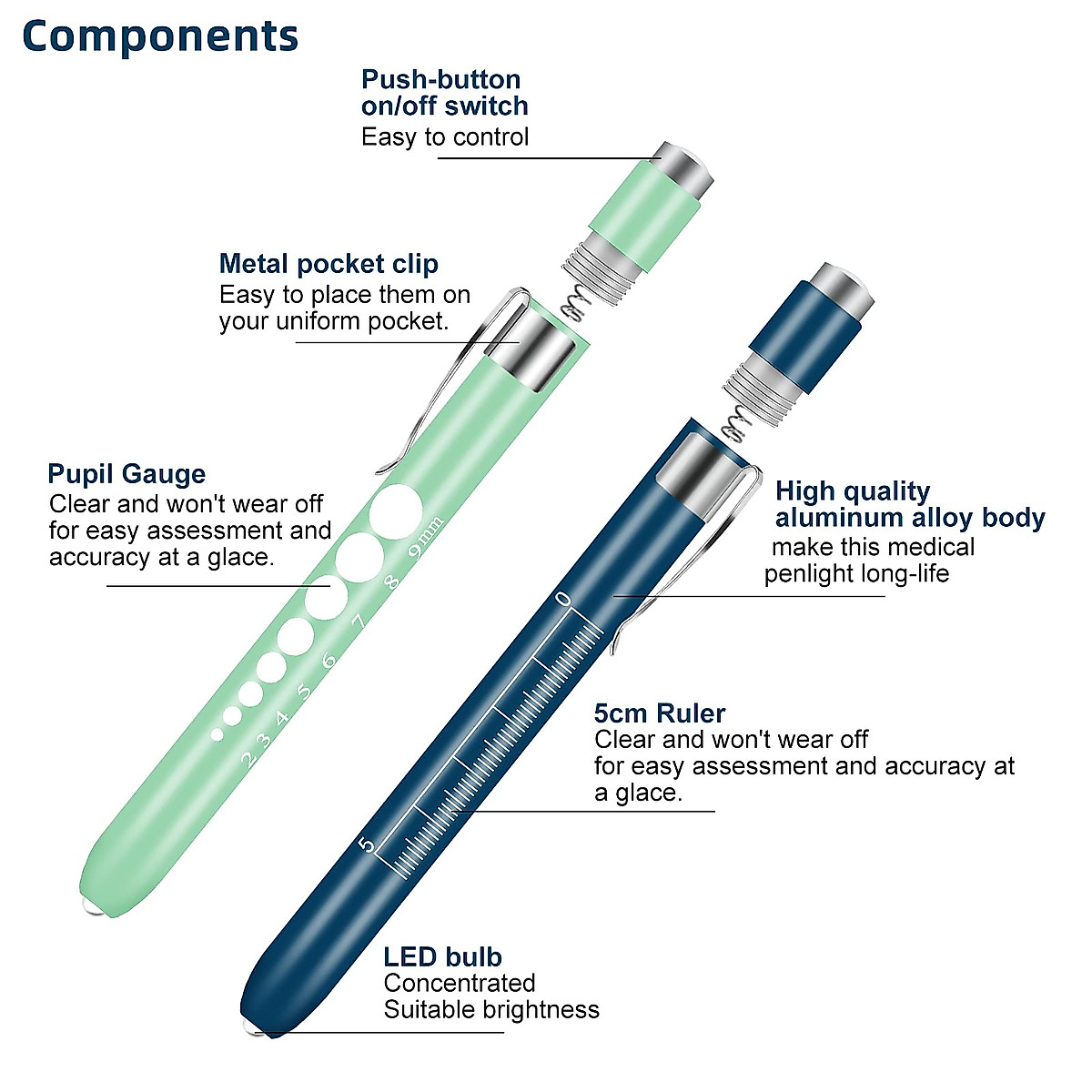 Pen Lights for Nurses Doctors, Opoway Medical EMT EMS Penlight with Pupil Gauge, Reusable LED Pen Light Flashlight for Physician Clinical Eye Exam Nursing Students Veterinary with Batteries Green&Blue