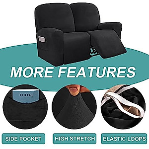 Recliner Loveseat Covers, Waterproof Nonslip Double Recliner 6-Pieces, Recliner Chair Cover Furniture Protecter for Kids, Pets, Soft Stretchy Fabric Machine Wash & Colorfast (Velvet Black, 2 Seat)