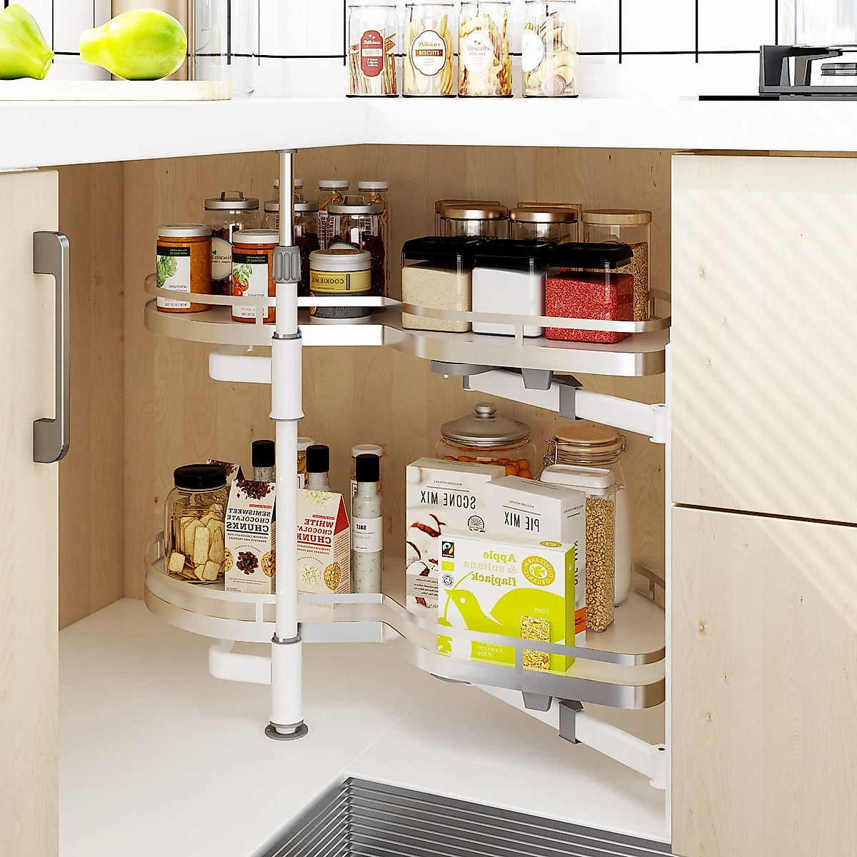 WHIFEA Blind Corner Pull Out Cabinet Organizer, Soft Close 2 Tier Swing Tray, Non-Slip Spice Rack for 36 inch Kitchen Cabinet, Heavy Duty Storage Organizer, Adjustable Height