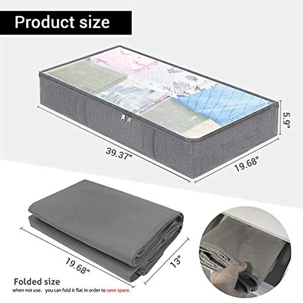 homyfort Underbed Storage Bags Containers 2 Pack - Large Capacity Under Bed Storage Box with 4 Handles and Sturdy Zippers,Clear Window for Blankets,Clothes,Comforters (Grey)